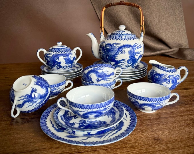 Japanese Tea Service Nippon Tokusei, Blue Dragon Decor, Vintage 1950s ...