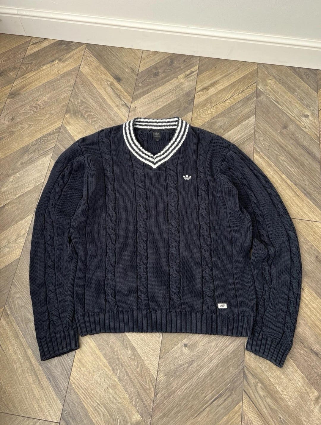 Vintage Adidas Cable Knit Sweater Navy Blue V-neck Trefoil Logo Retro ...