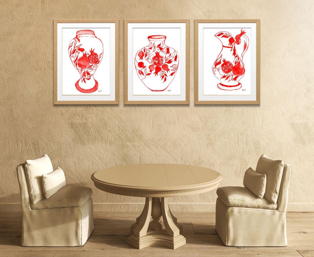 Instant Downloadable Red Delft Pomegranate Watercolour Set of Three ...