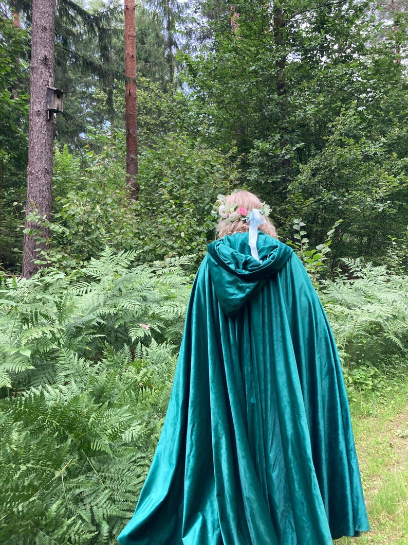Forest Green Velvet Hooded Cloak - Full Circle Cape for Women - Elven ...