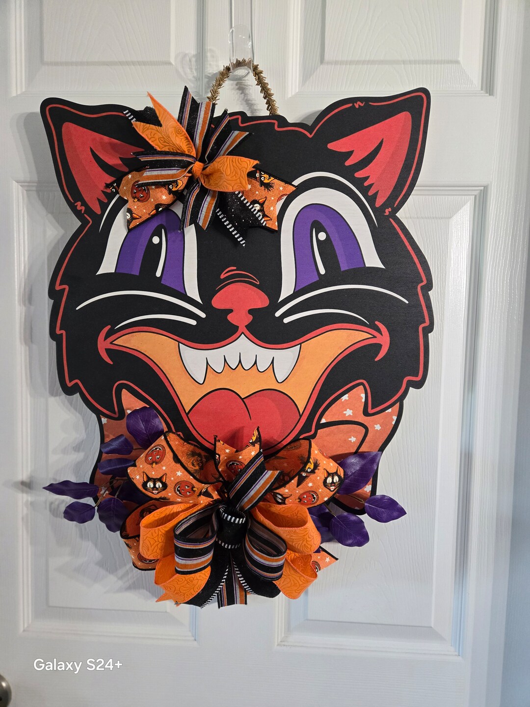 Handmade Halloween Black Cat Door Hanger With Orange and Black Bows ...