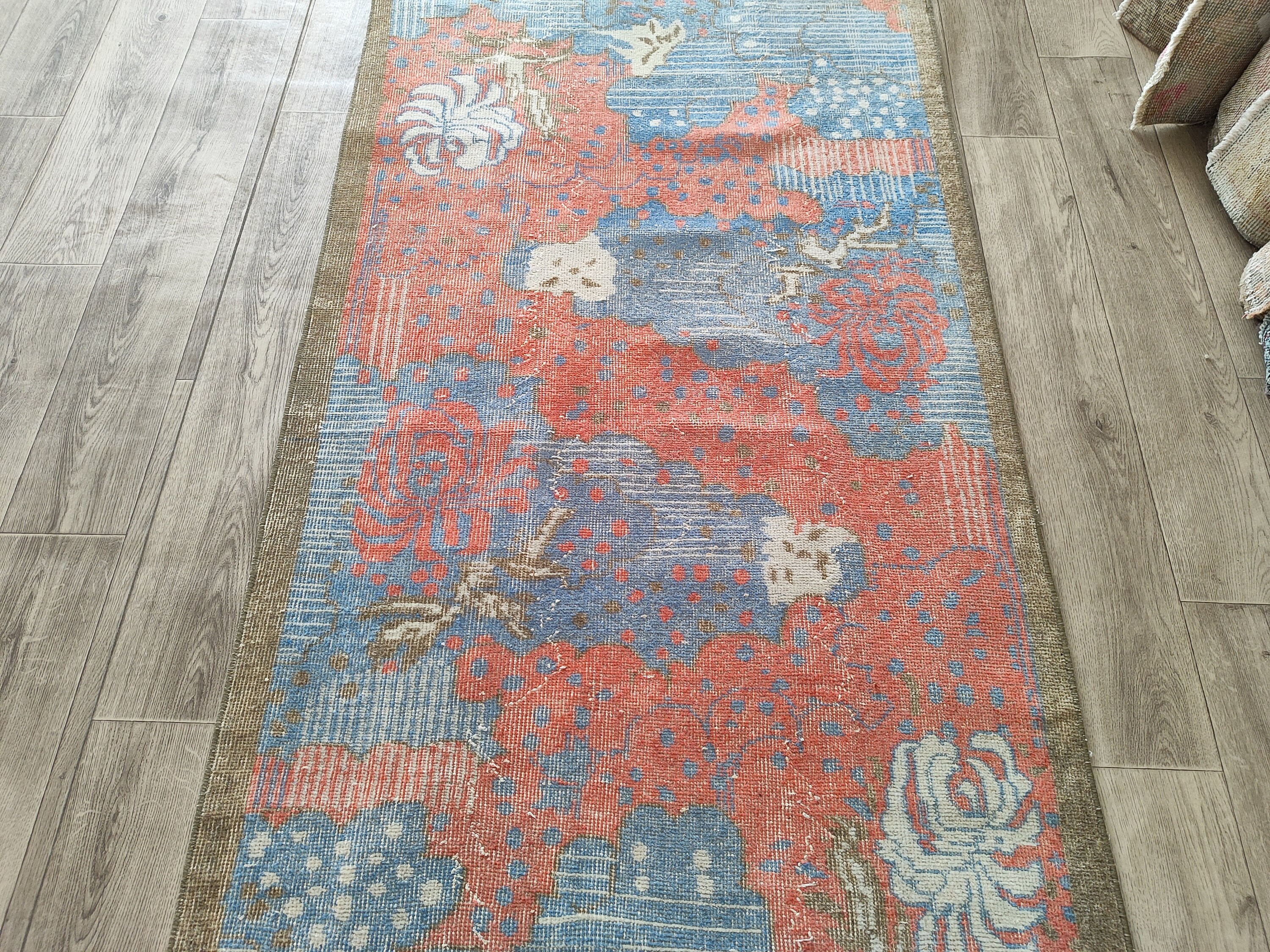 3x7 Blue Red Green Beige Vintage Runner, 3x7 Vintage Runner Rug, Oushak ...