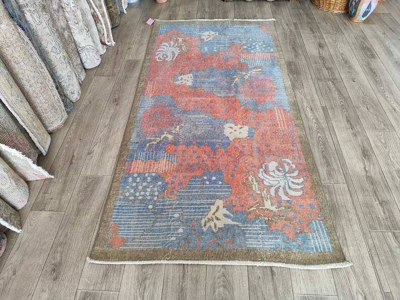 3x7 Blue Red Green Beige Vintage Runner, 3x7 Vintage Runner Rug, Oushak ...