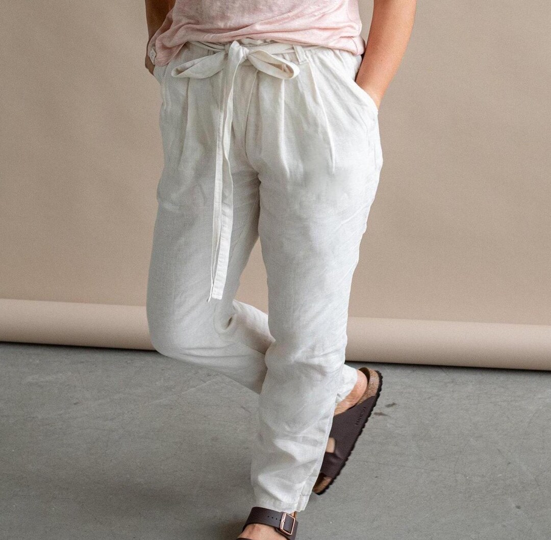 White Linen Capri Pants: Women's Elastic Waist Beach Trousers - Etsy