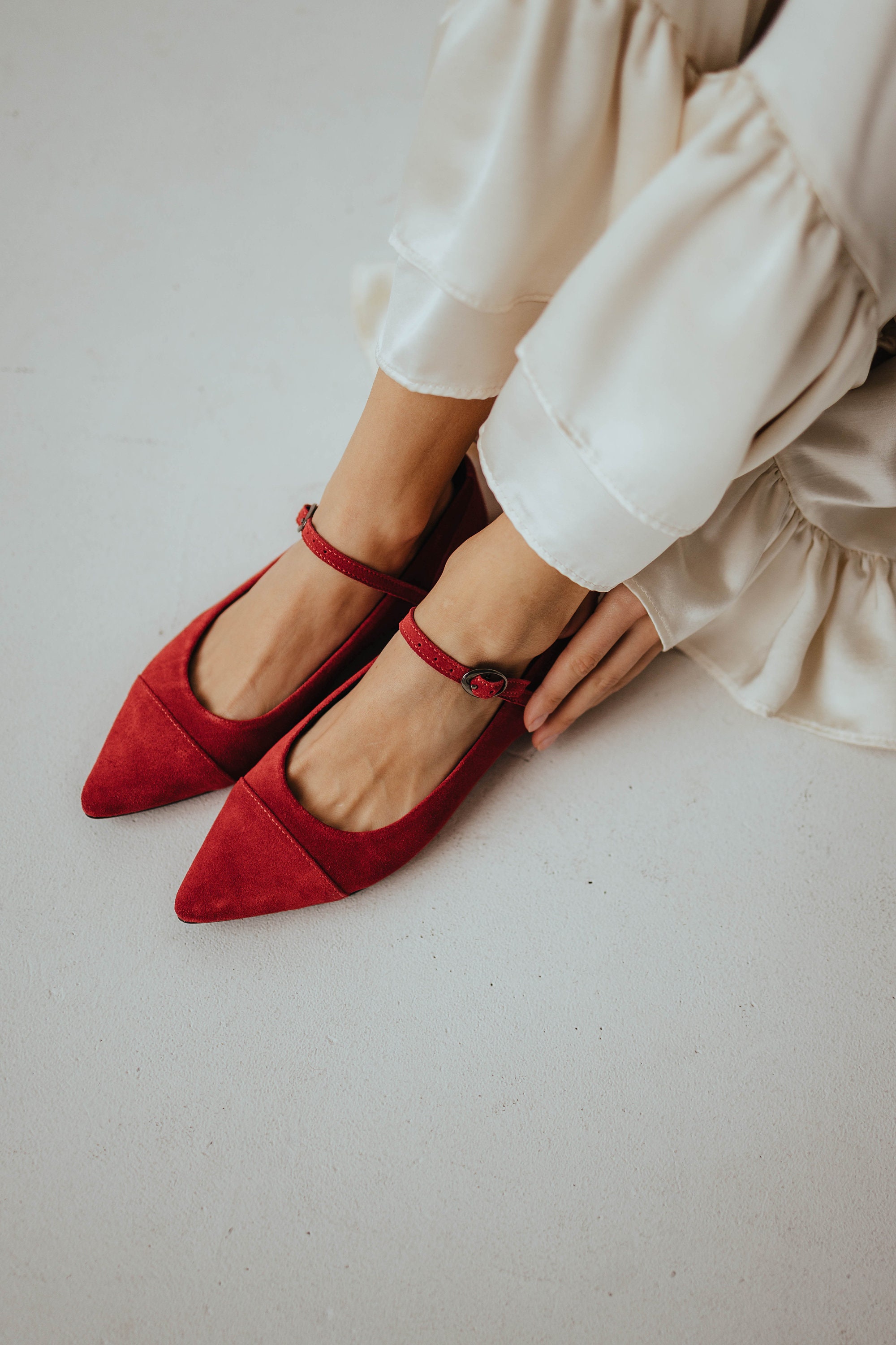 Pointed Toe Ballet Shoes, Pointed Toe Sandals, Red Suede Ballet Shoes ...