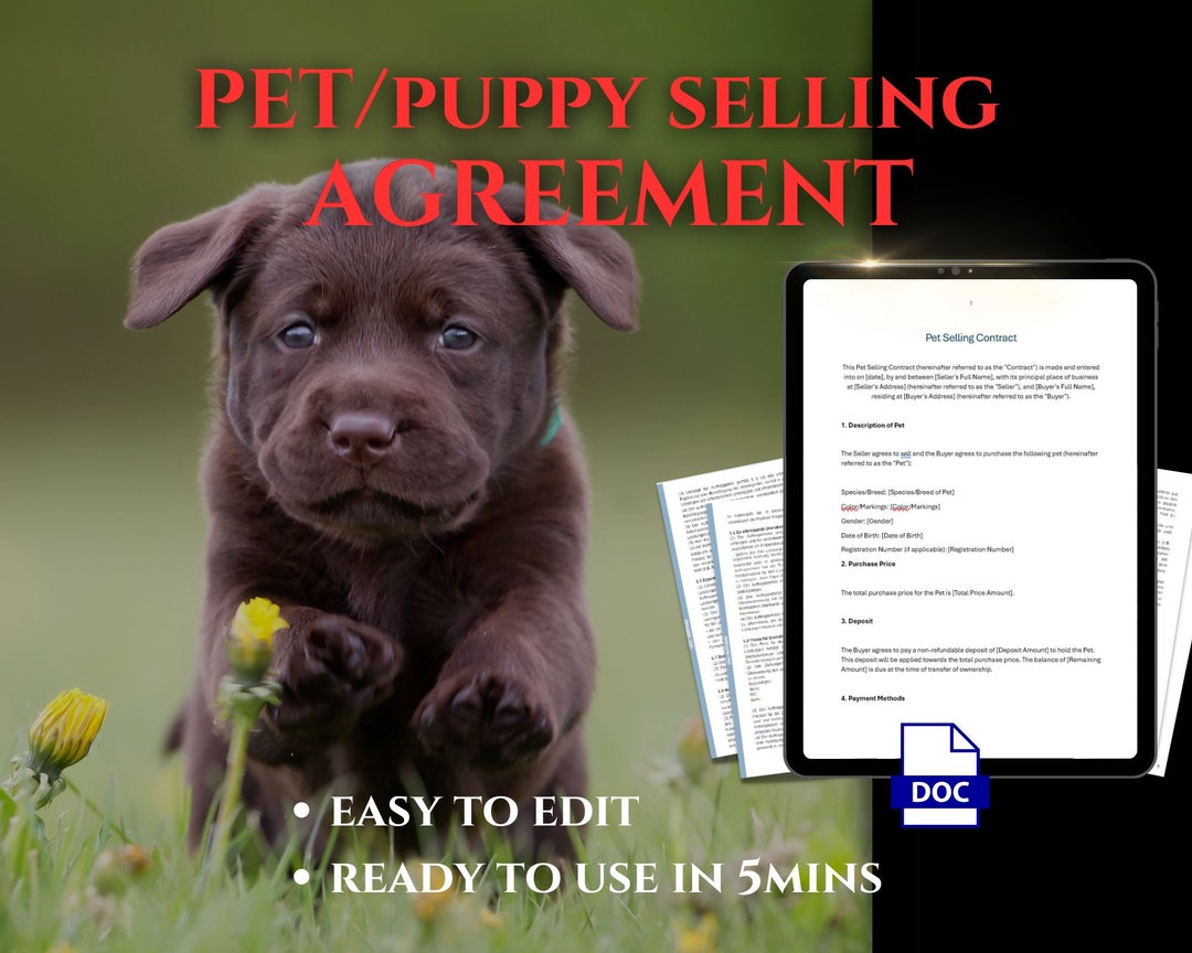 Pet Selling Agreement Contract, Dog Pup Bill of Sale, Puppy Sale ...