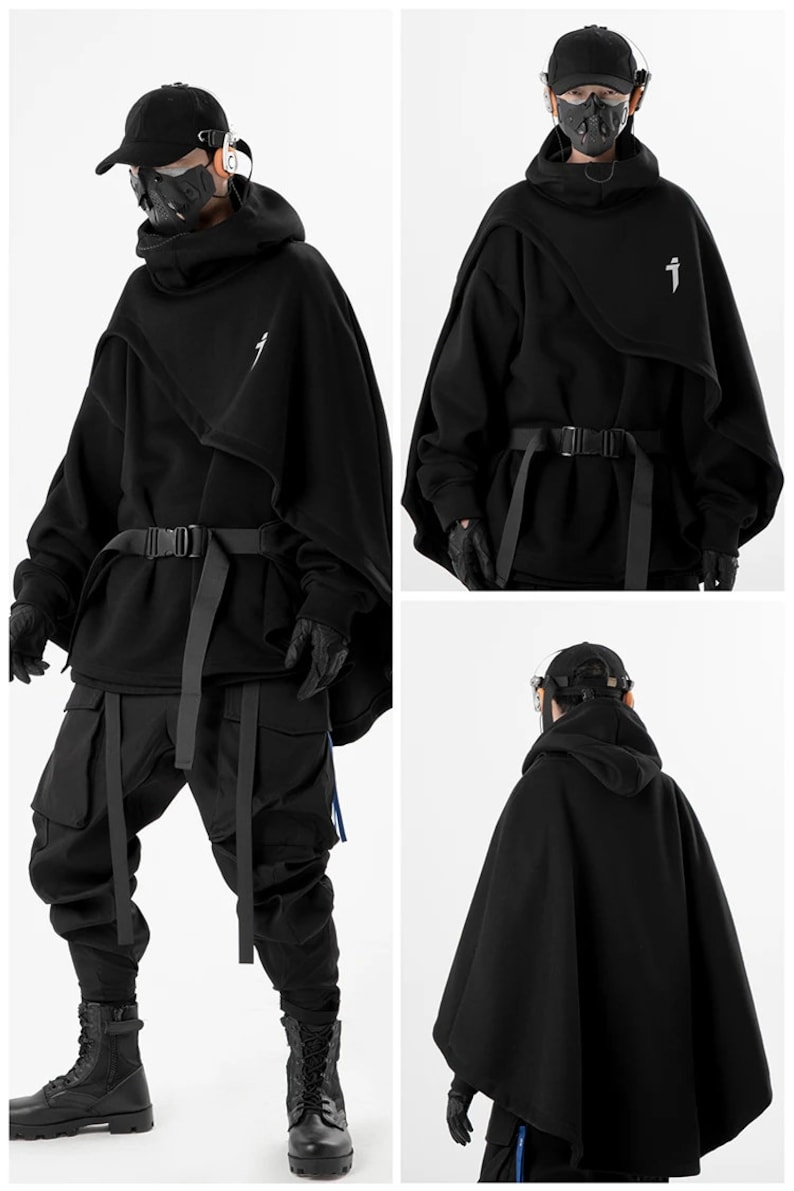 Techwear Hoodie High Neck Cloak Set Mens Harajuku Streetwear Sweatshirt ...