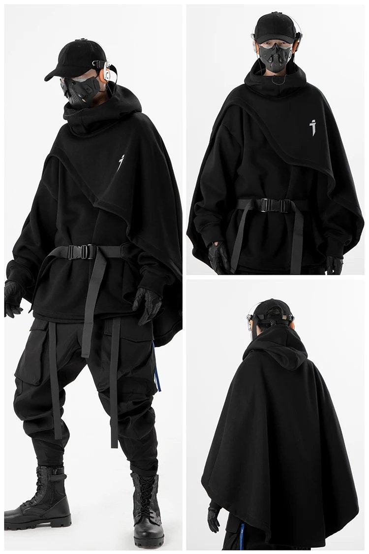 Techwear Hoodie High Neck Cloak Set Mens Harajuku Streetwear Sweatshirt ...