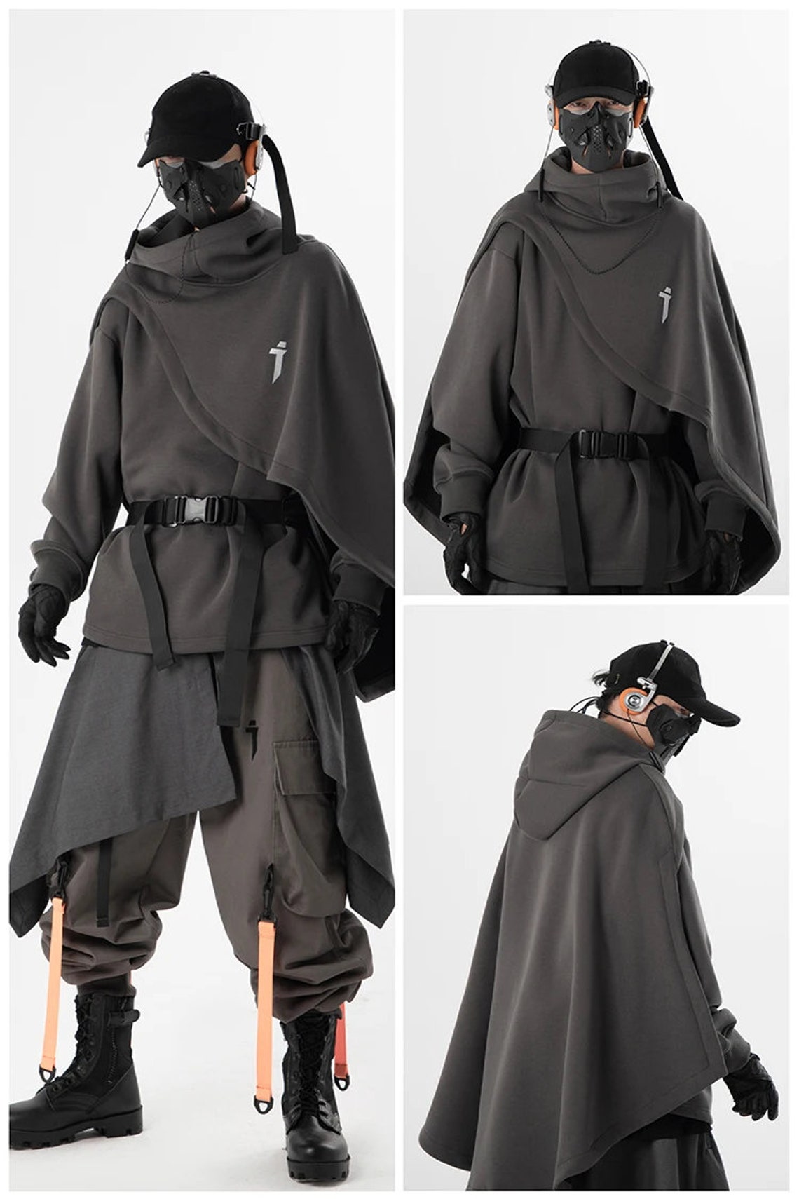 Techwear Hoodie High Neck Cloak Set Mens Harajuku Streetwear Sweatshirt ...