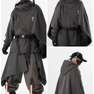 Techwear Hoodie High Neck Cloak Set Mens Harajuku Streetwear Sweatshirt ...