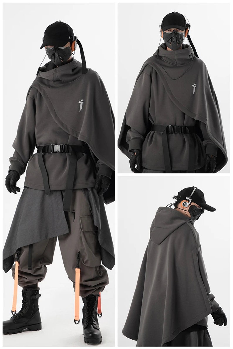 Techwear Hoodie High Neck Cloak Set Mens Harajuku Streetwear Sweatshirt ...