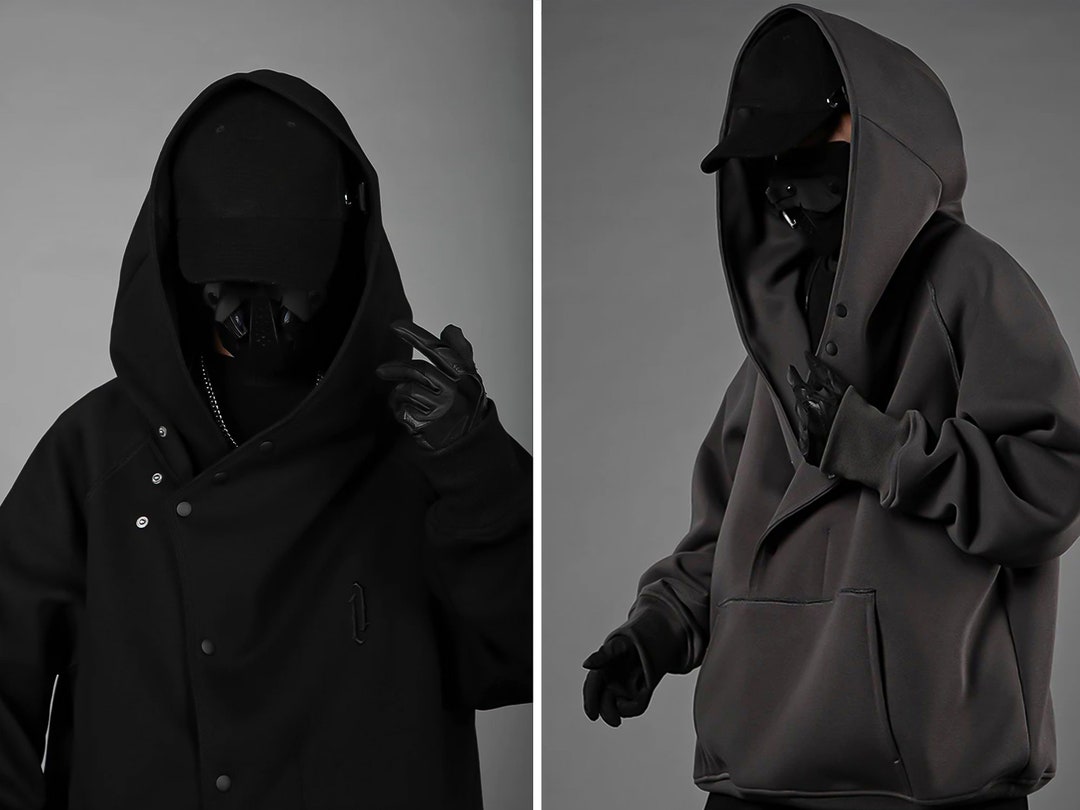 Cyberpunk Techwear Hoodie,unisex Oblique Placket Hooded Sweater,black ...