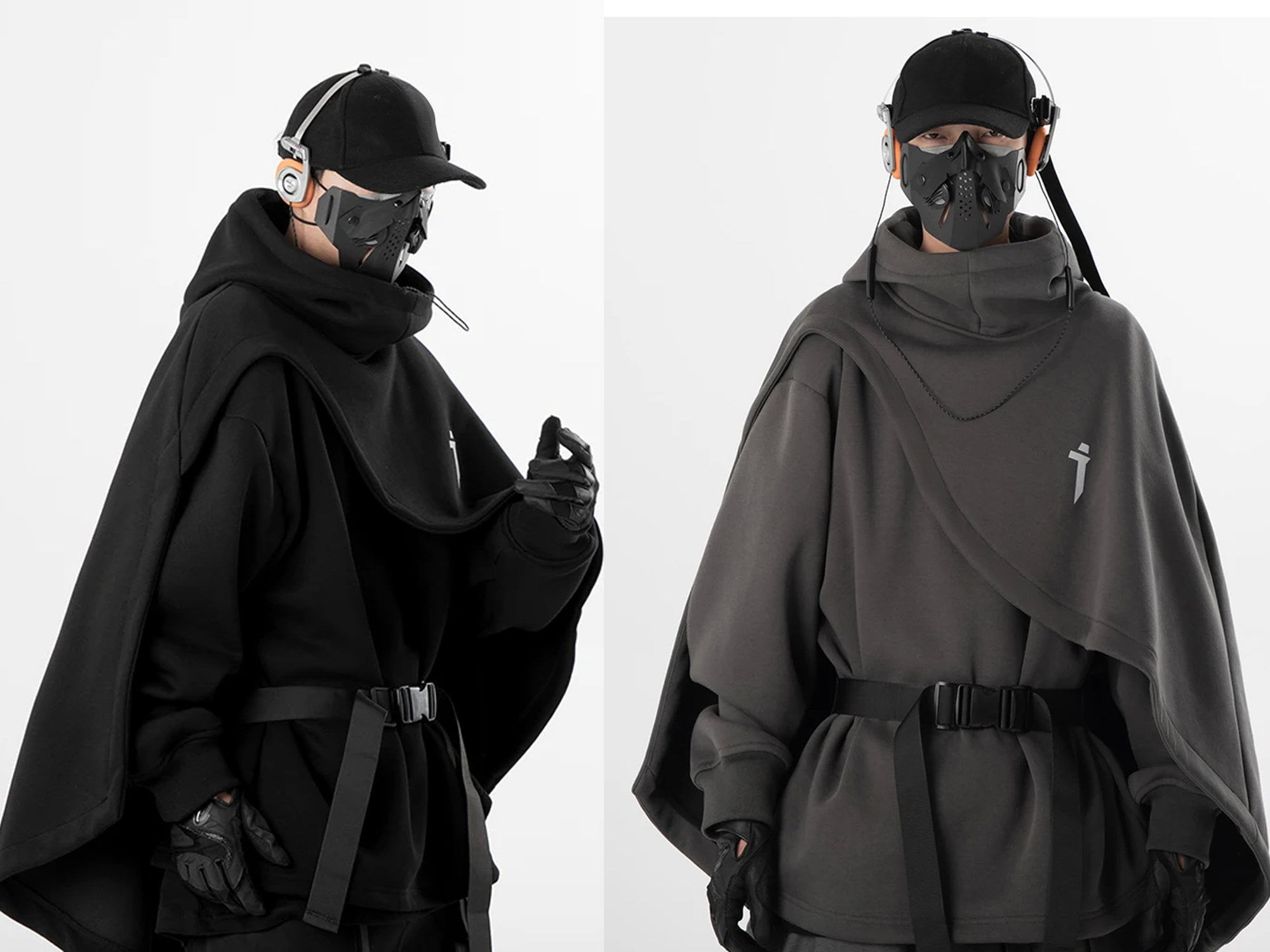Techwear Hoodie High Neck Cloak Set Mens Harajuku Streetwear Sweatshirt ...