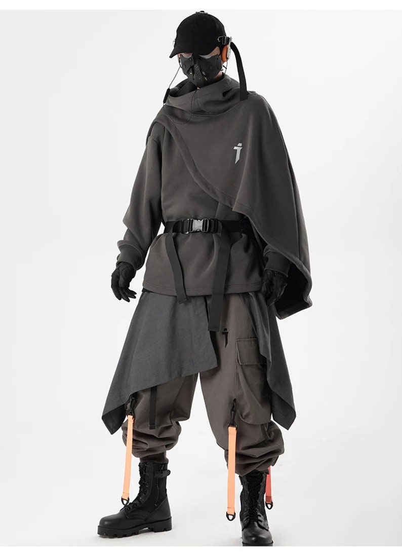 Techwear Hoodie High Neck Cloak Set Mens Harajuku Streetwear Sweatshirt ...
