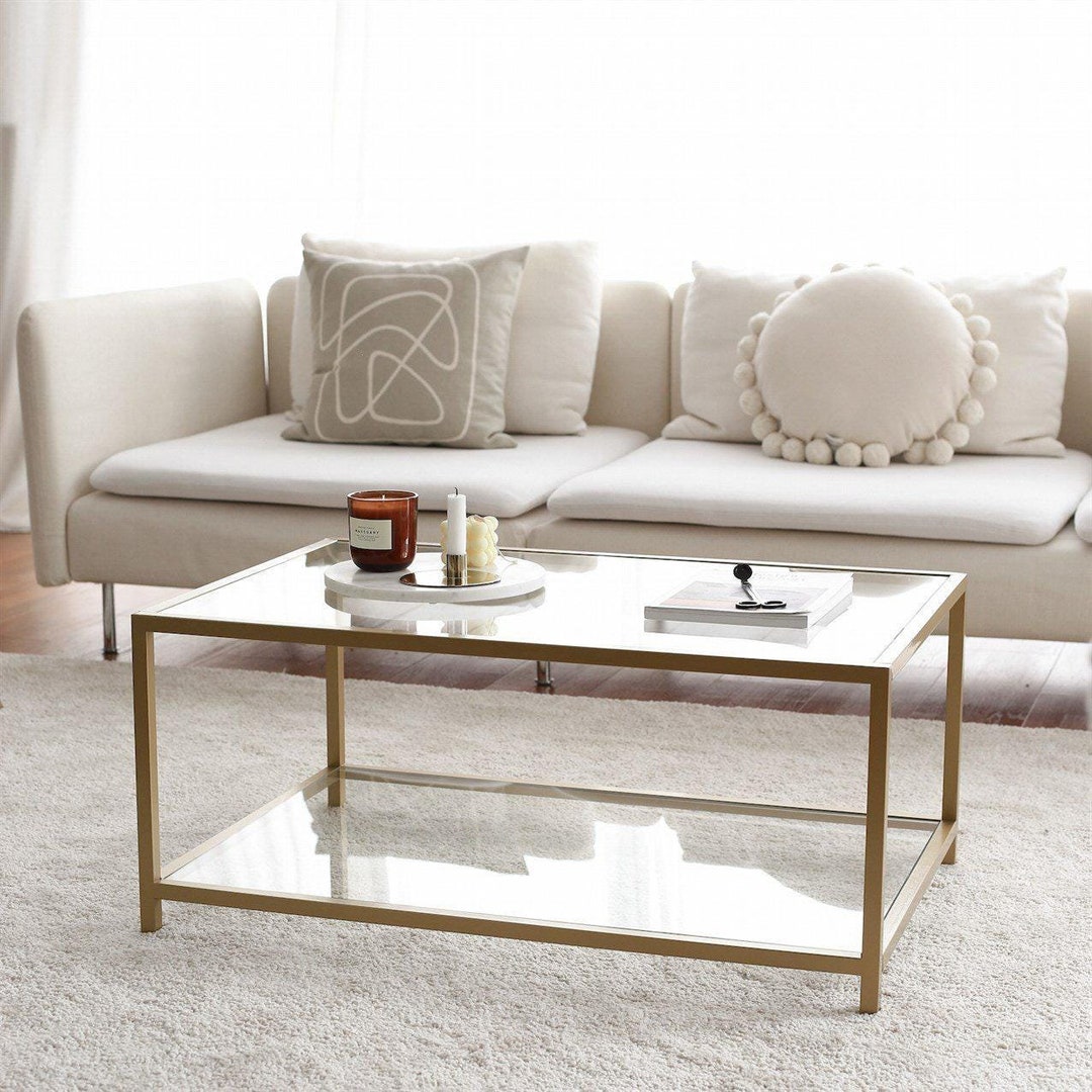 Metal Rectangular Coffee Table, Gold Metal Side Table, Black Glass ...