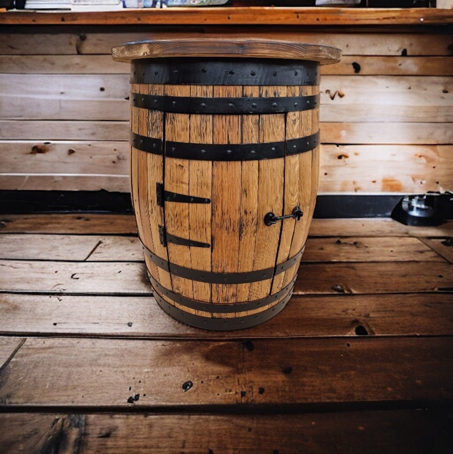 Oak Whiskey Barrel Cabinet With Tabletop, Barrel Storage Unit With Door ...