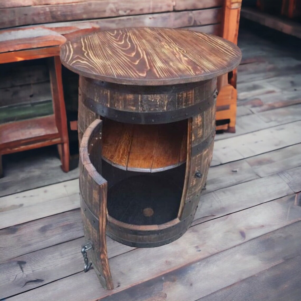 Oak Whiskey Barrel Cabinet With Tabletop, Barrel Storage Unit With Door ...