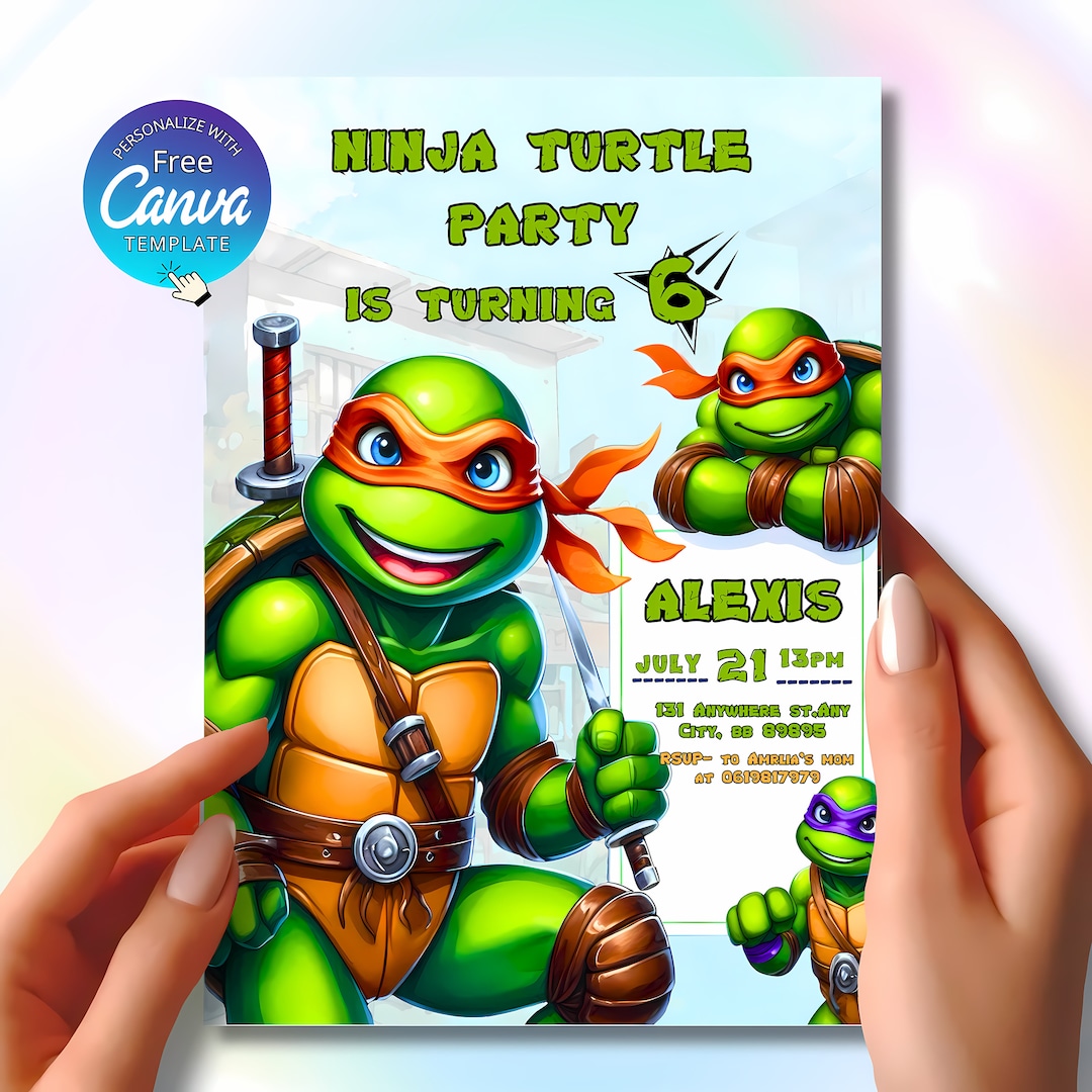Ninja Turtle Invitation, Michelangelo Turtle Birthday Invitation, Ninja ...