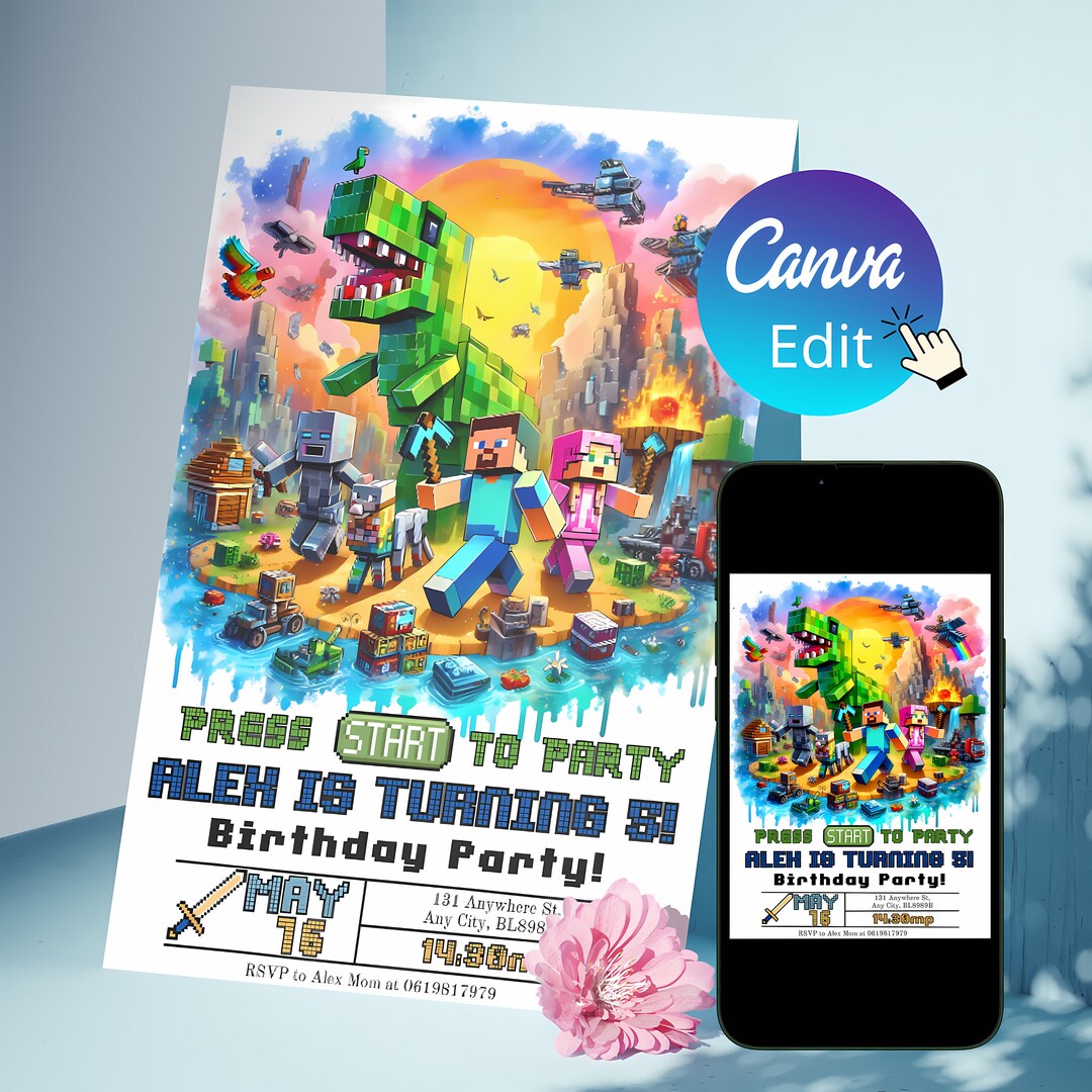 Editable Minecraft Birthday Invitation Personalized for Gamer Kids ...