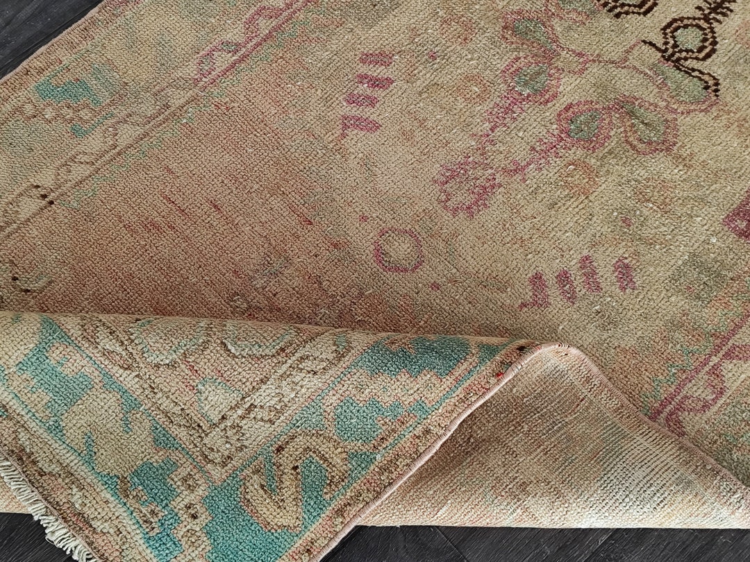 3x7 Faded Red Blue Brown Beige Turkish Rug, 3x7 Vintage Rug, Oushak ...