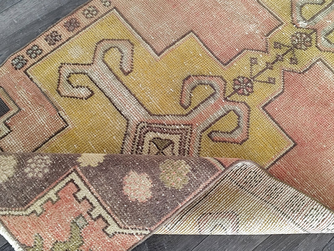 3x6 Pink Yellow Brown Turkish Rug, 3x6 Vintage Rug, Oushak Kitchen Dorm ...