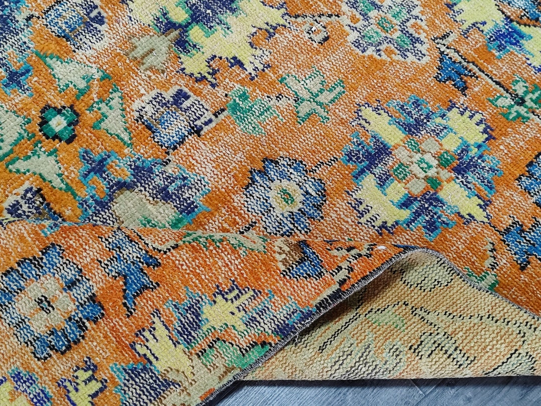 5x9 Orange Blue Yellow Turkish Rug, 5x9 Vintage Rug, Oushak Kitchen ...