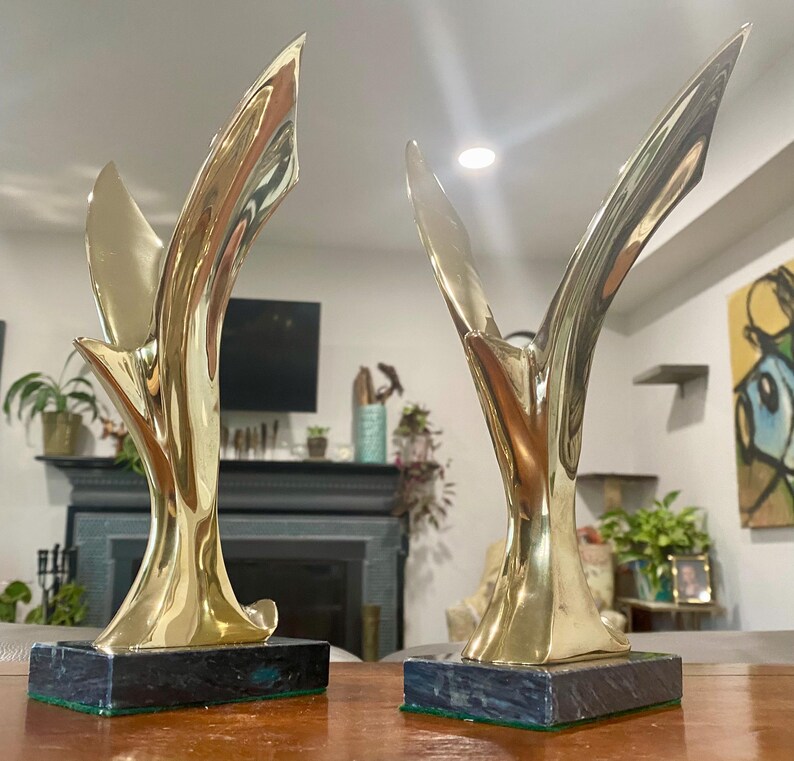 Vintage Solid Brass & Marble Bookends “birds in Flight” Statement ...
