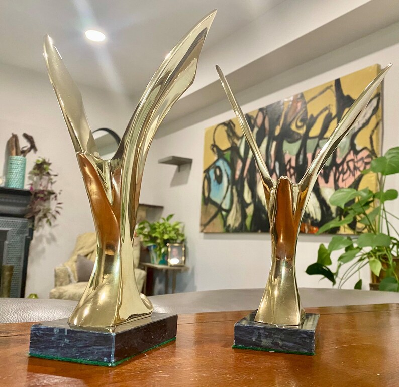 Vintage Solid Brass & Marble Bookends “birds in Flight” Statement ...