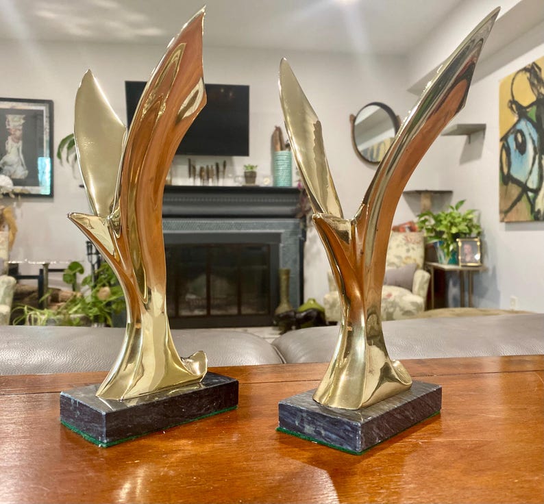 Vintage Solid Brass & Marble Bookends “birds in Flight” Statement ...