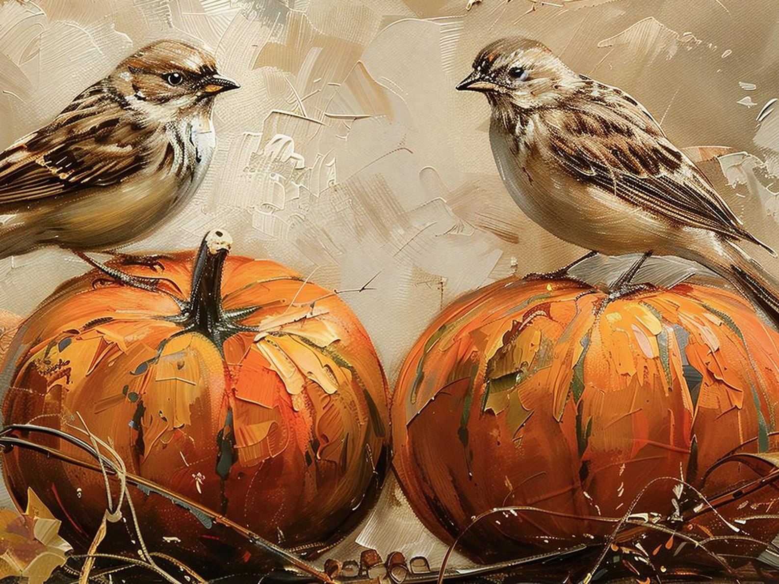 Autumn Pumpkin, Rustic Pumpkin and Bird Scene, Cozy Fall Decor Art ...