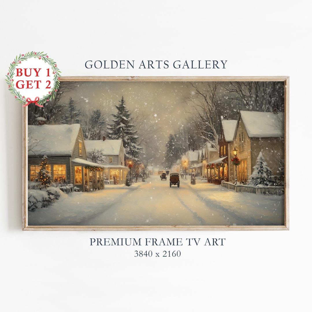 Vintage Christmas Village Frame TV Art, Snowy Winter Street Scene ...