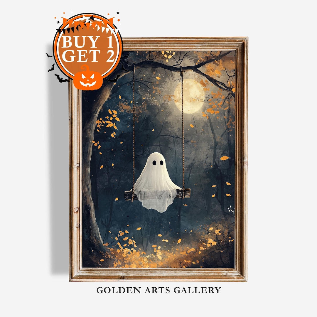 Spooky Ghost on Swing Print: Halloween Full Moon Decor (digital ...