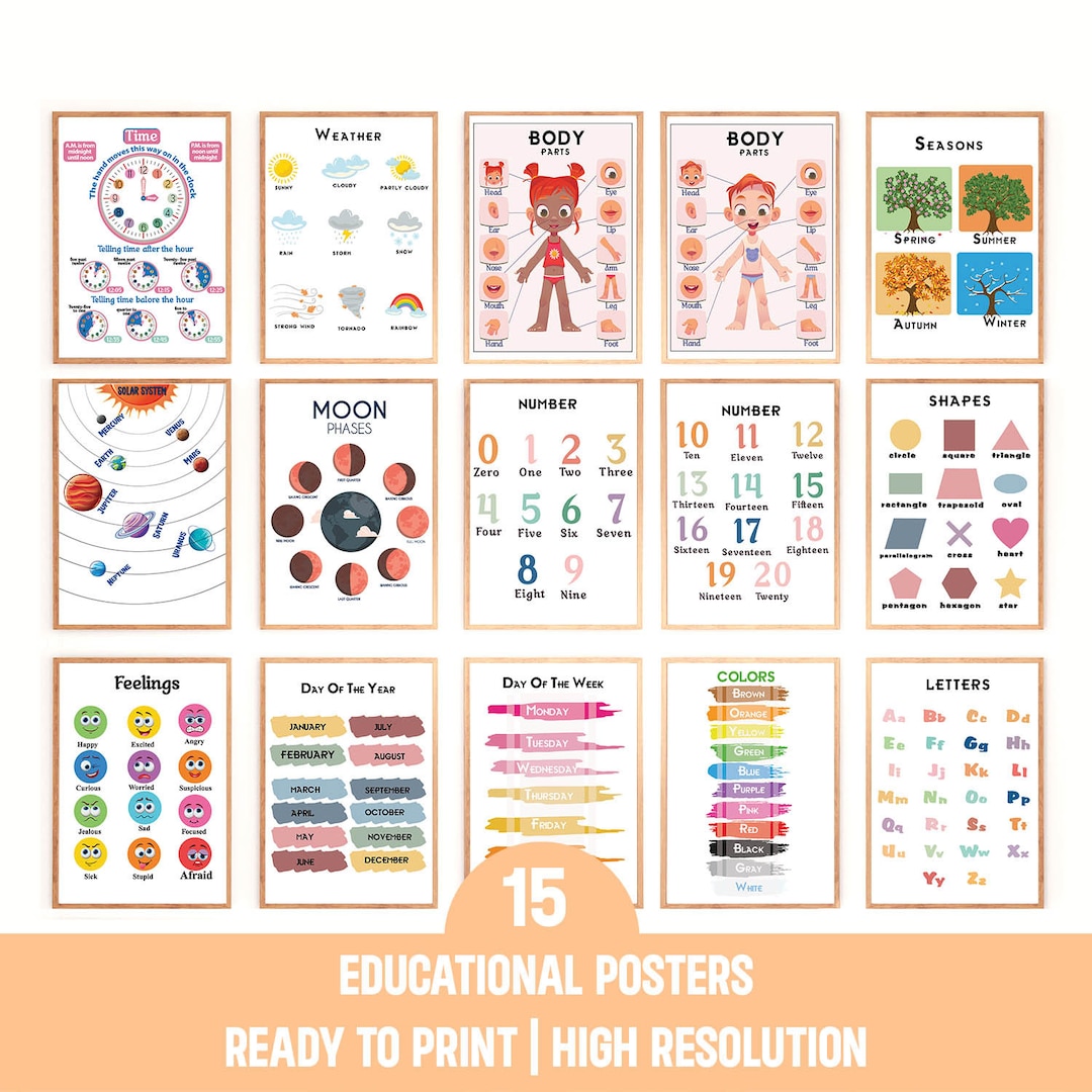Educational Posters, 15 Homeschool Prints, Boho Playroom Wall Art Print ...