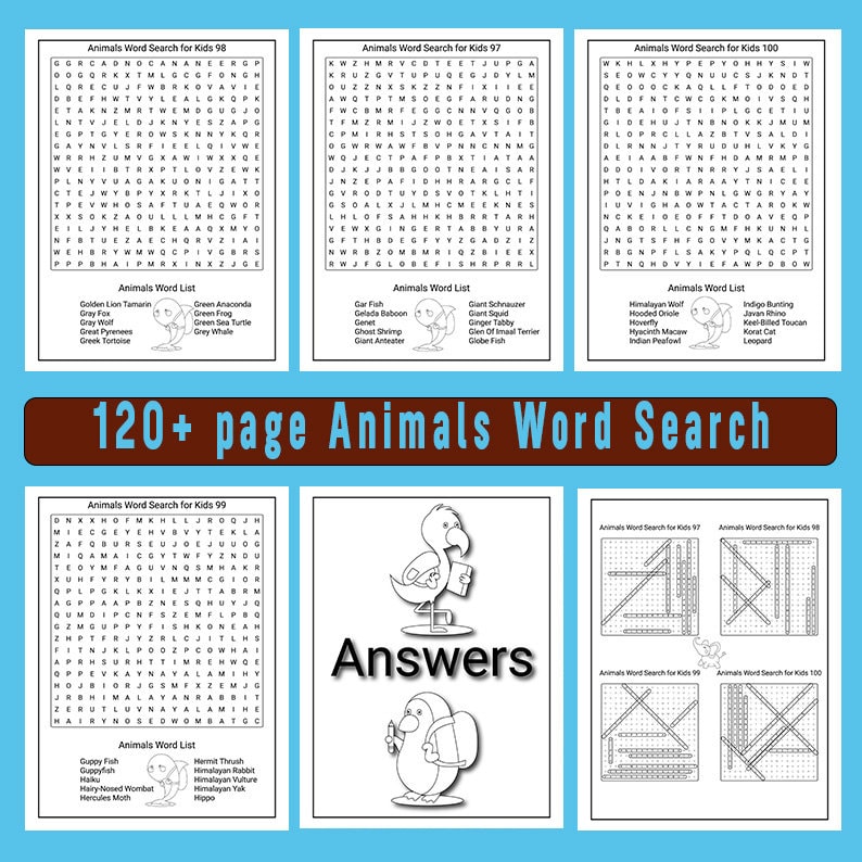 Animal Word Search Book, Printable 1000+ Word Search Puzzle Book for ...