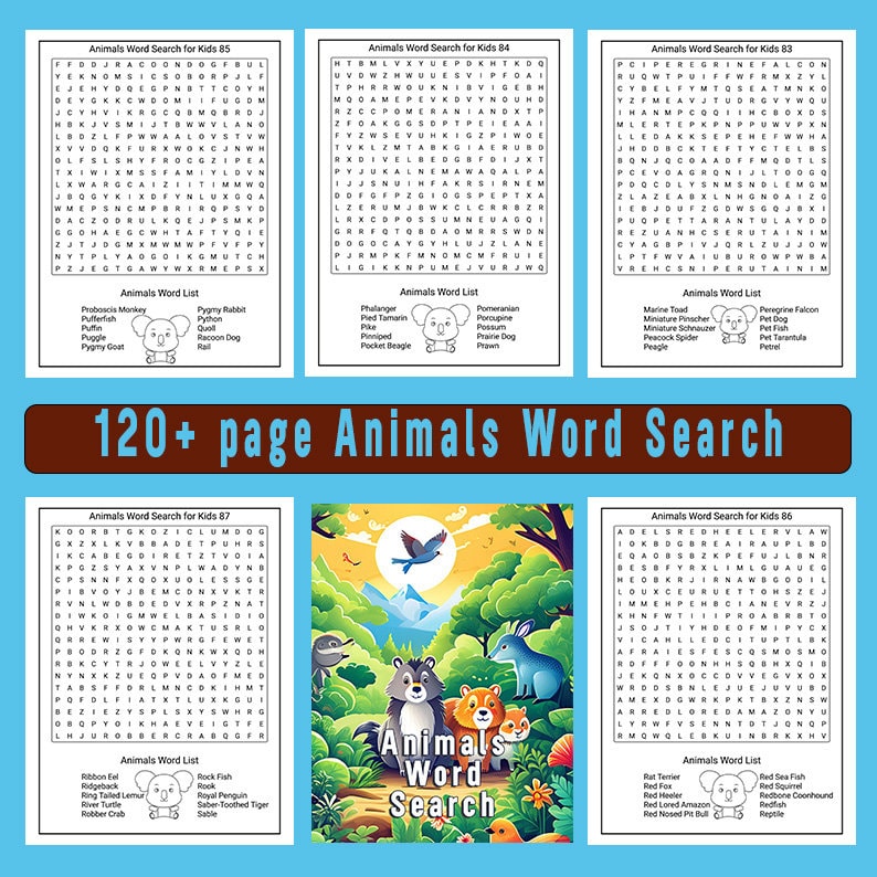 Animal Word Search Book, Printable 1000+ Word Search Puzzle Book for ...
