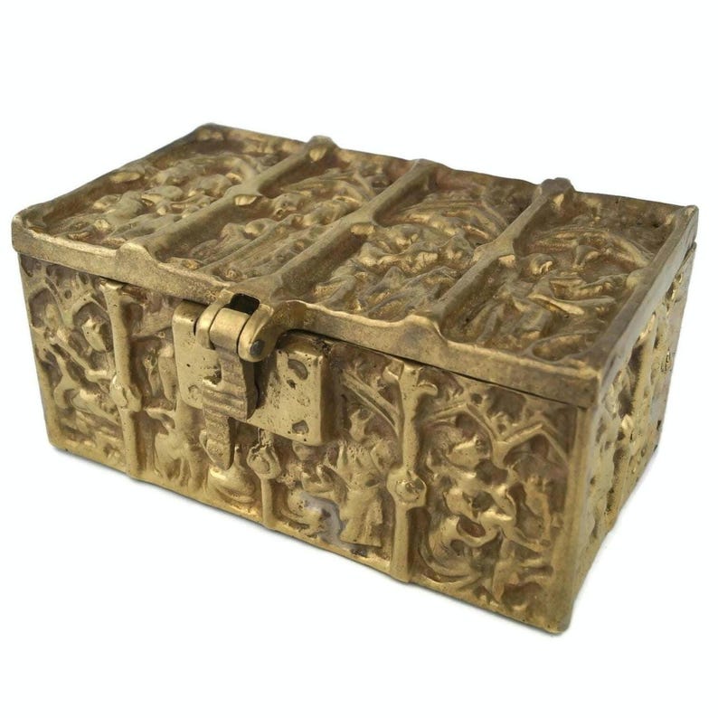 Vintage Brass Jewelry Box, Medieval Style Christian Relief, Jewelry ...
