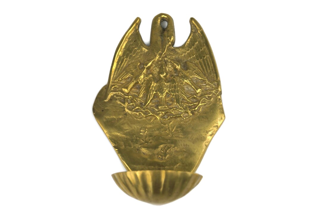Vintage Holy Water Font, Brass Bird Feeding Baby Birds Heron, Gorgeous ...