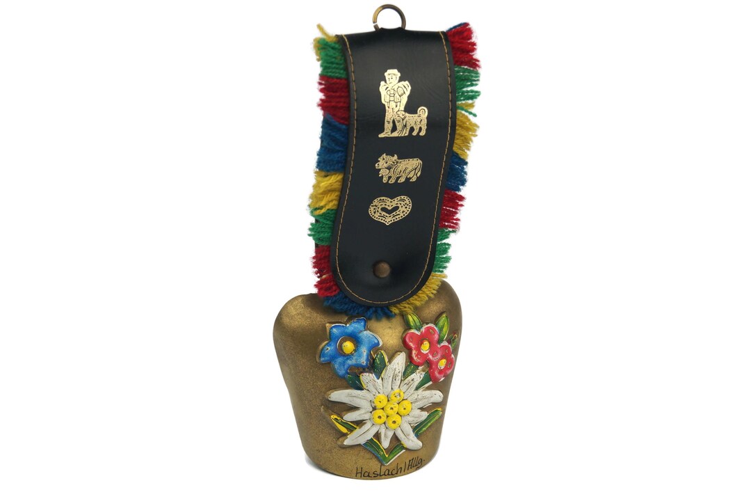 Vintage Swiss Cow Bell With Leather Strap – Antique Swiss Metal Bell ...
