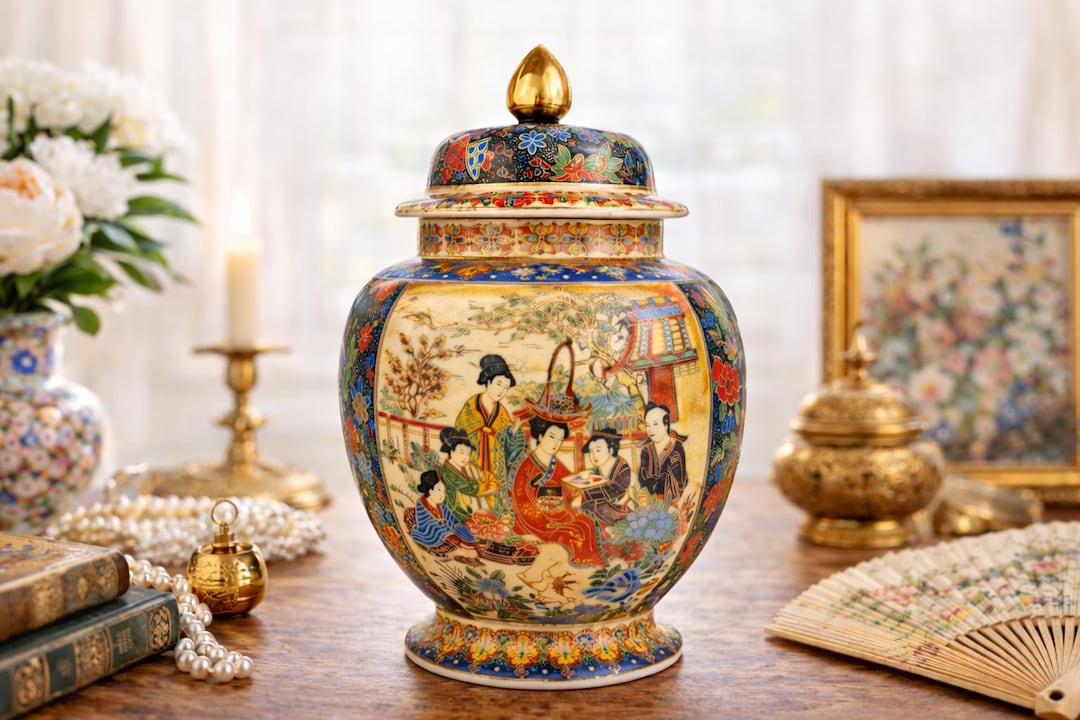Vintage Satsuma Style Lidded Urn, Large Antique Japanese Ceramic Ginger ...