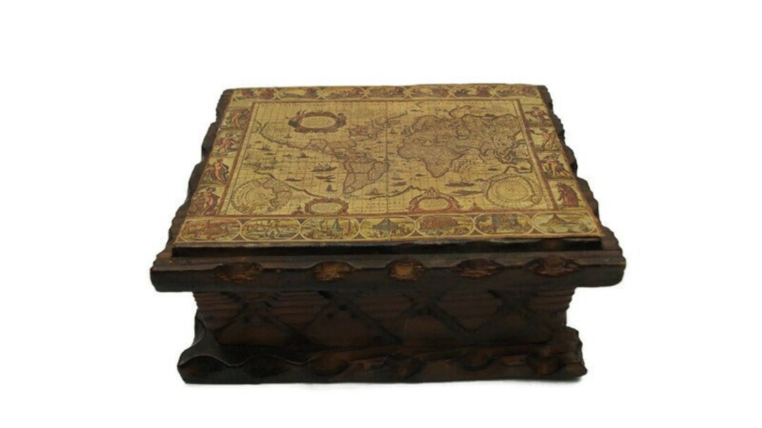 Antique Storage Box, Old World Map Storage Box, Wooden Storage Box ...