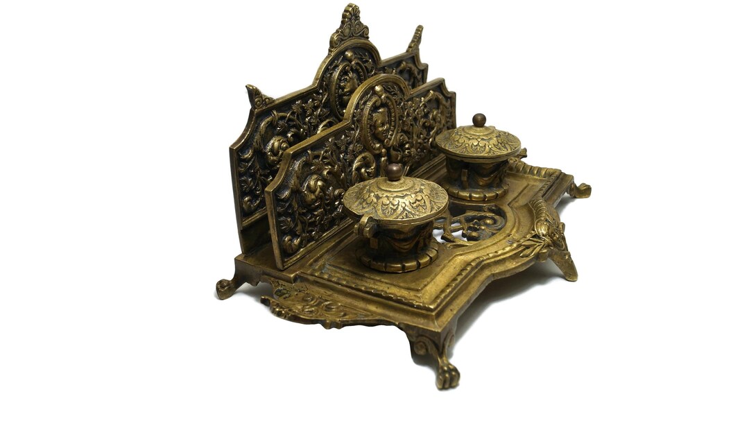 Antique Double Bronze Inkwell Set, Double Inkwell Stand, Vintage Office ...