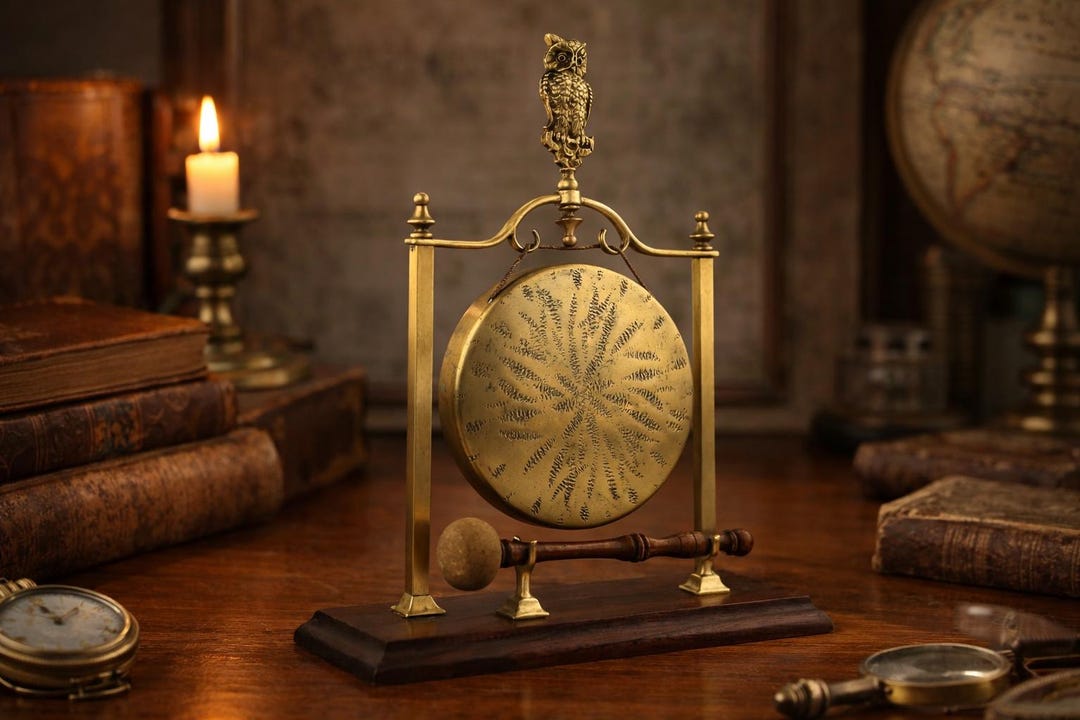 Vintage Brass Owl Desk Gong With Wooden Base and Hammer, Mid Century ...