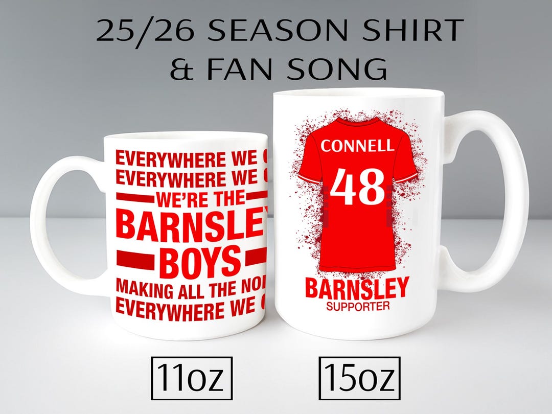 Personalised Barnsley Style Mug, 11oz, 15oz, Personalise 25/26 Shirt ...