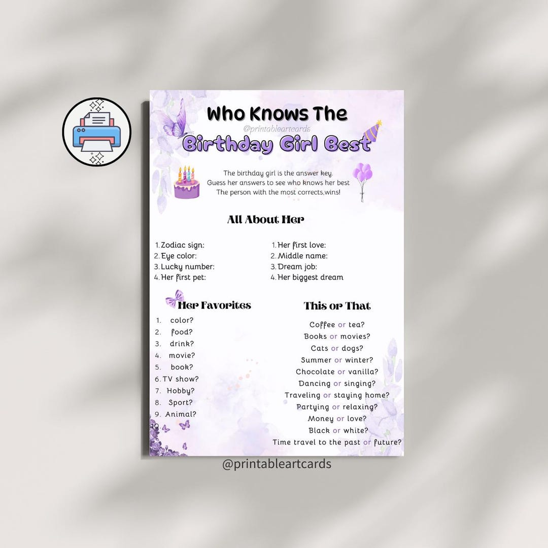 Who Knows the Birthday Girl Best, Printable Birthday Girl Trivia Game ...