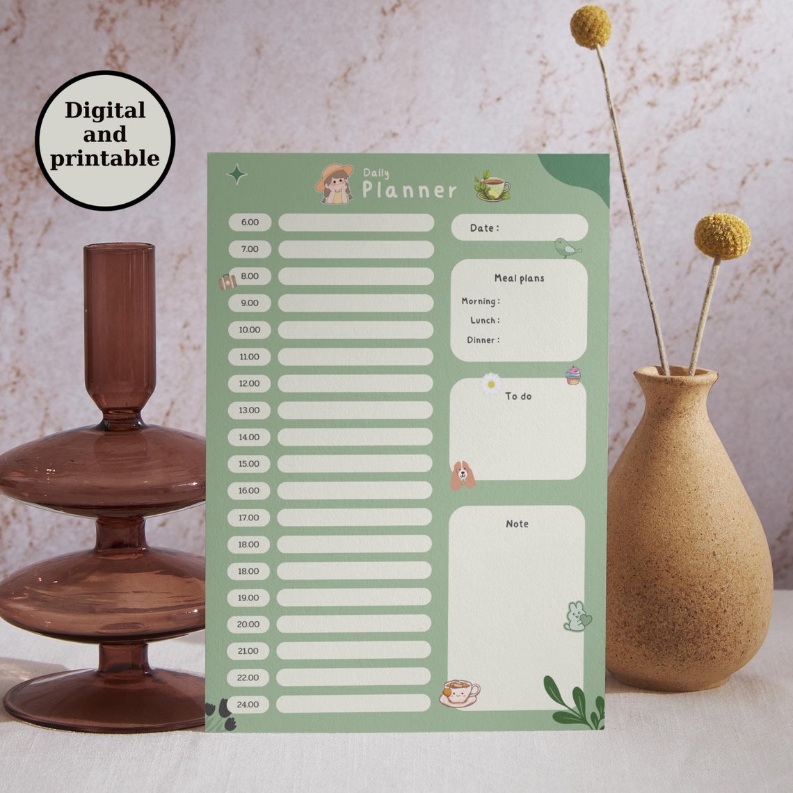 Cute Green Daily Planner Collection Printable, Daily Planner Digital ...