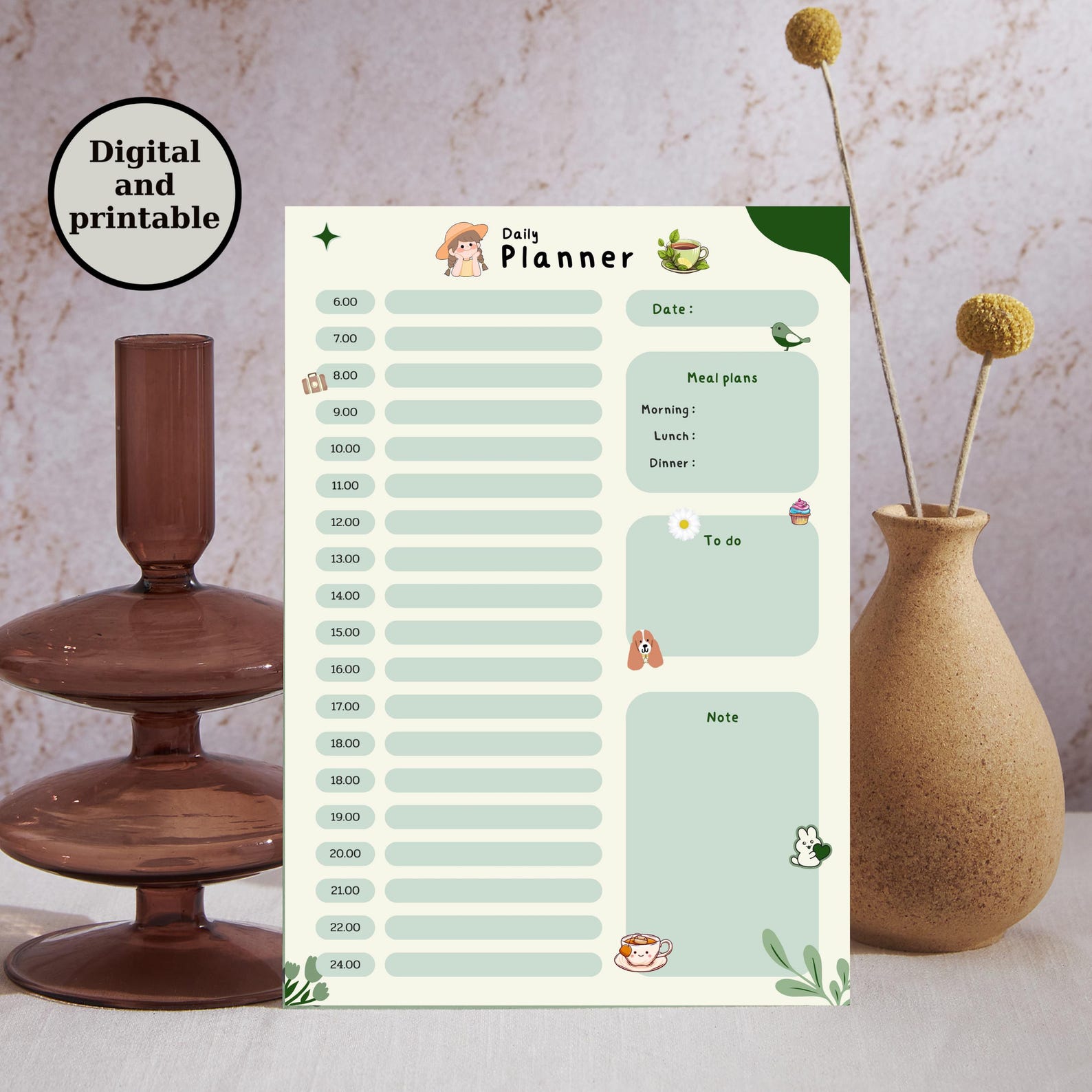 Cute Green Daily Planner Collection Printable, Daily Planner Digital ...
