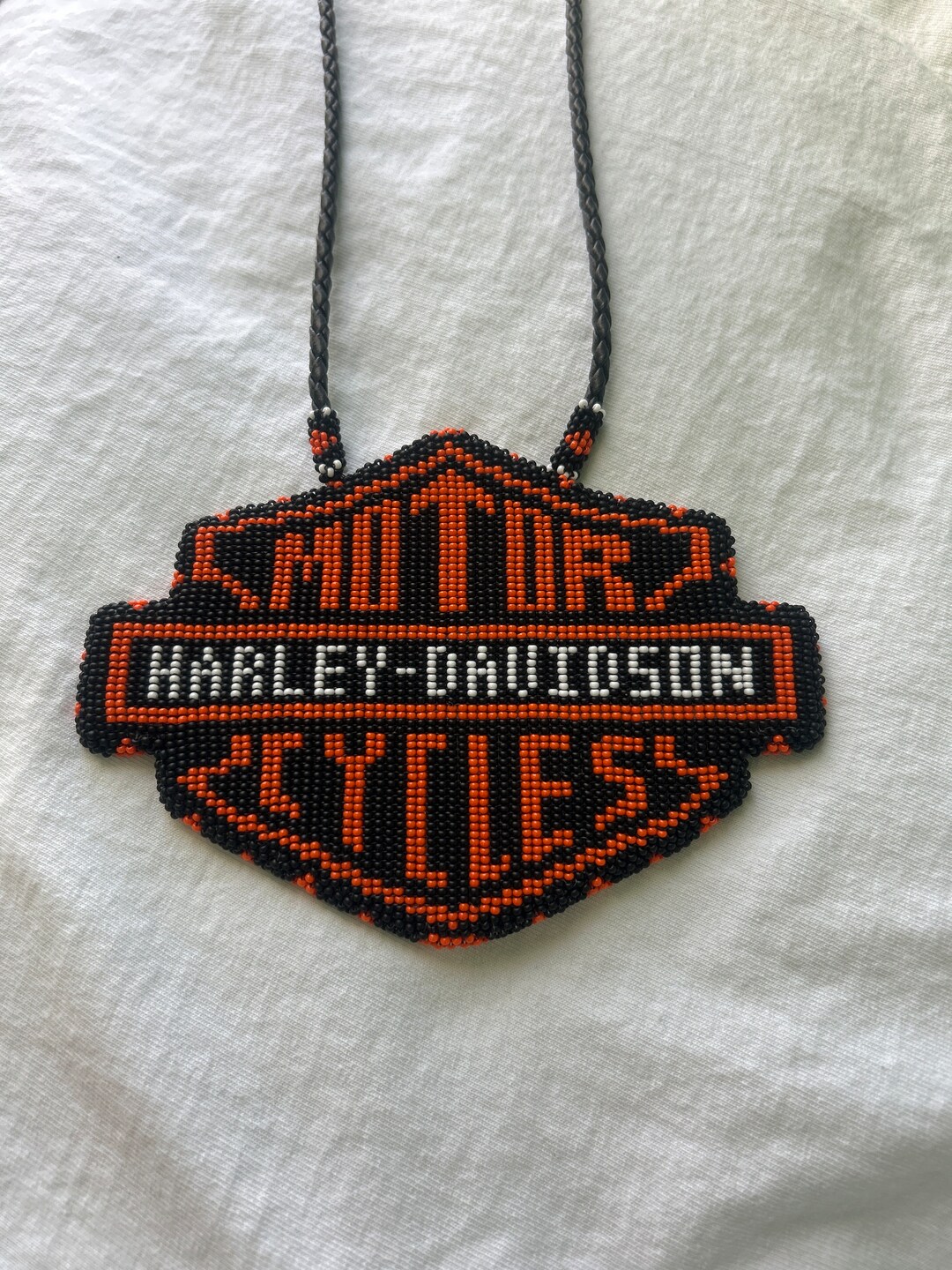 Harley-davidson Beaded Medallion. Black Leather Backing and Four Braid ...