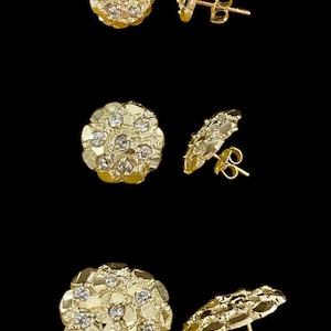 10k Real Gold Round Nugget Earrings With Cubic Zirconia , Ladies CZ ...