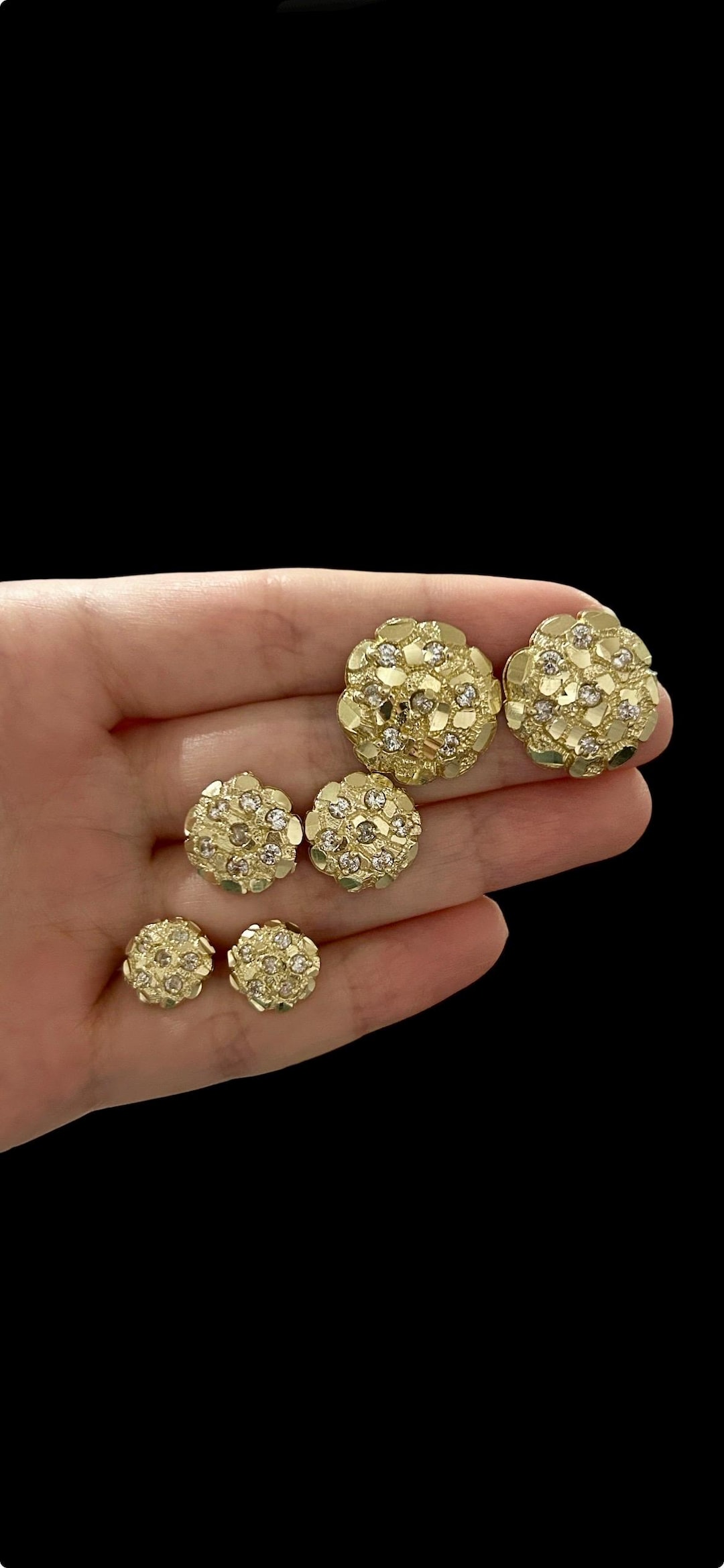 10k Real Gold Round Nugget Earrings With Cubic Zirconia , Ladies CZ ...