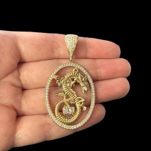 10k Real Gold Dragon Pendant Charm, Mens Gold Pave Chinese Dragon ...